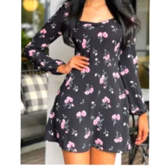 Divided | Dresses | 3 Divided Hm Black Pink Floral Print Long Puff ...
